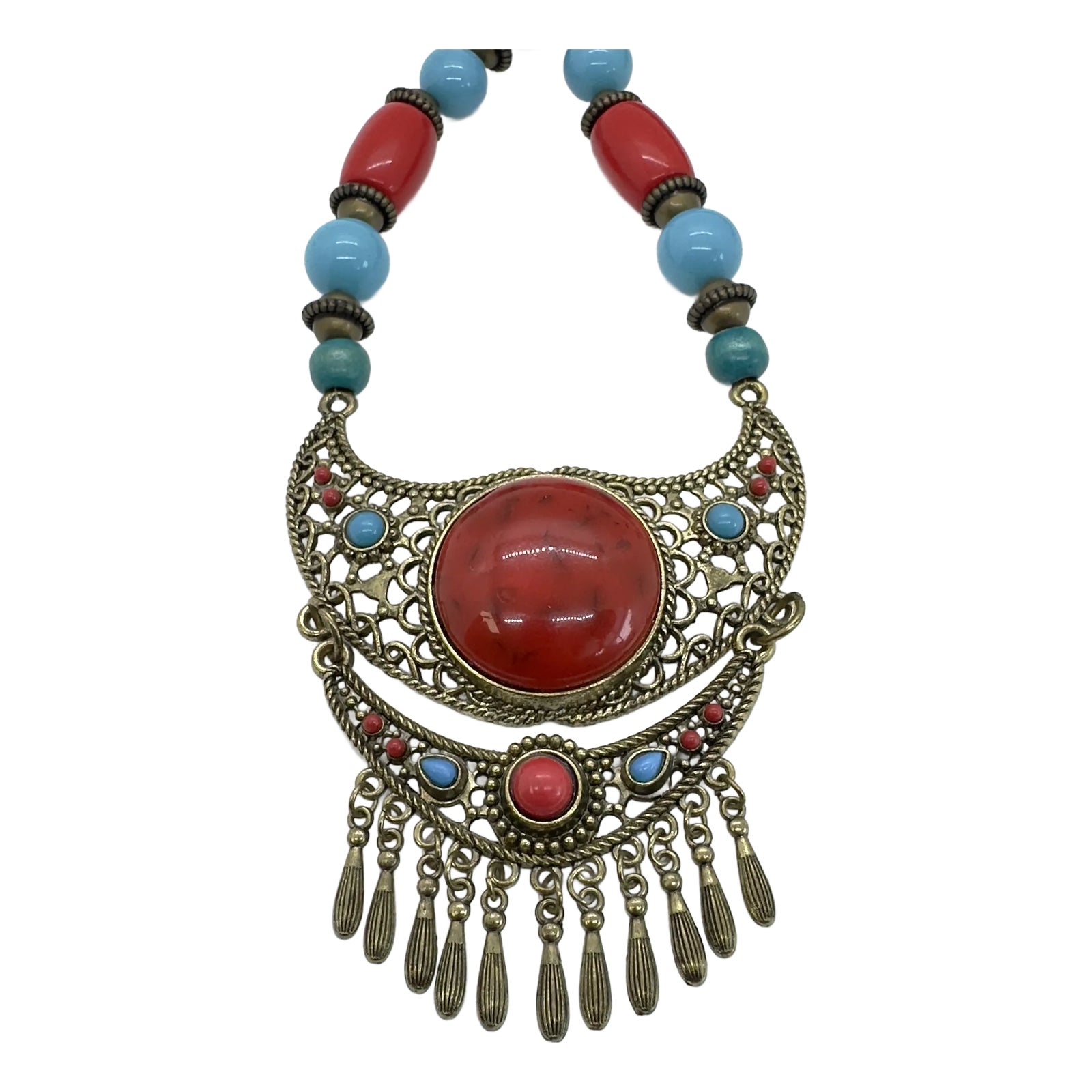 Large Tribal Berber Moroccan Necklace With Red, Lea Ad Brown Stones ...