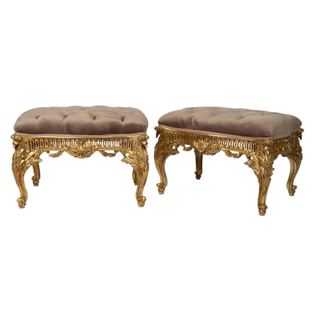 Traditional French Style Velvet Carved Giltwood Stools - a Pair | Chairish