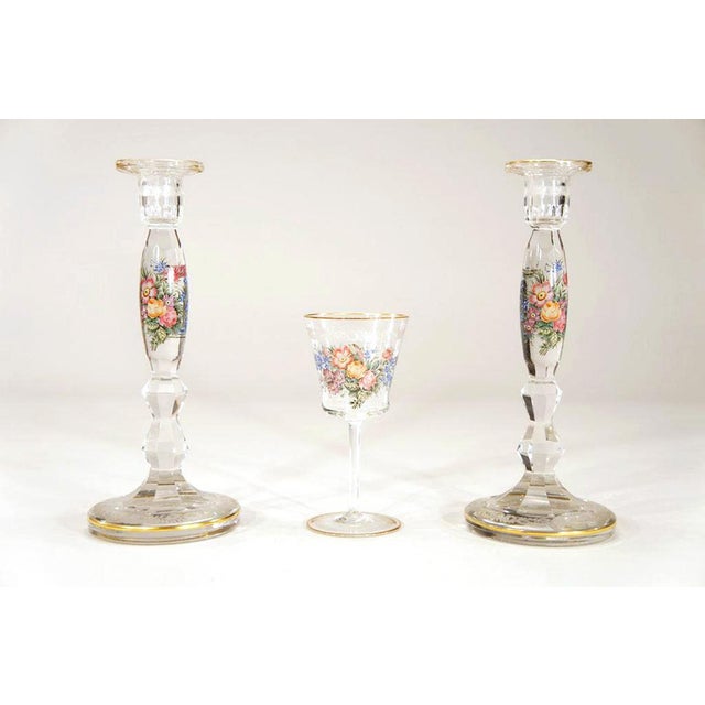 Pair of Moser Hand Blown Crystal Candlesticks with Enamel and Gilt ...