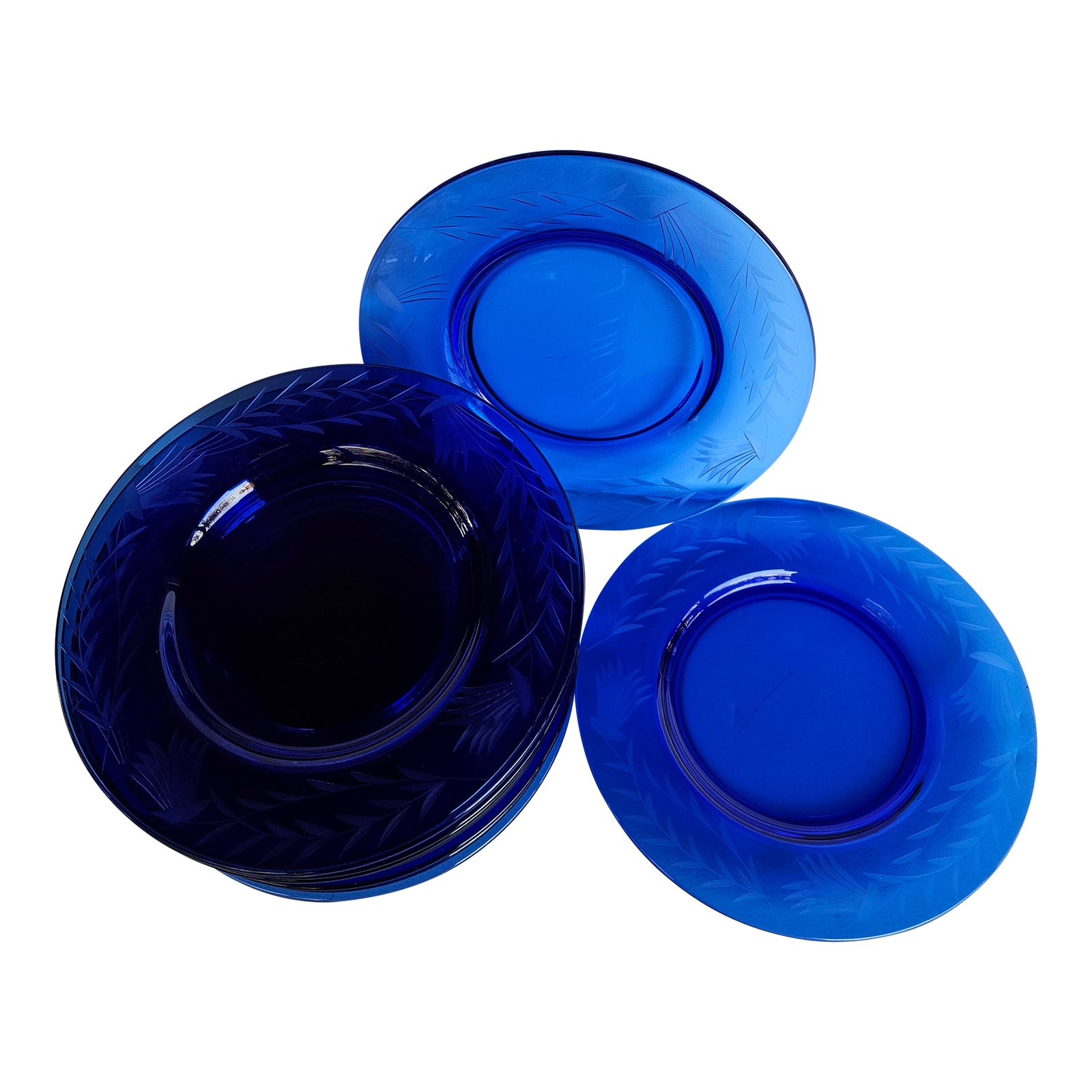 1920s Cobalt Blue 8.5" Glass Plates Engraved With Leaves and Thistle on ...