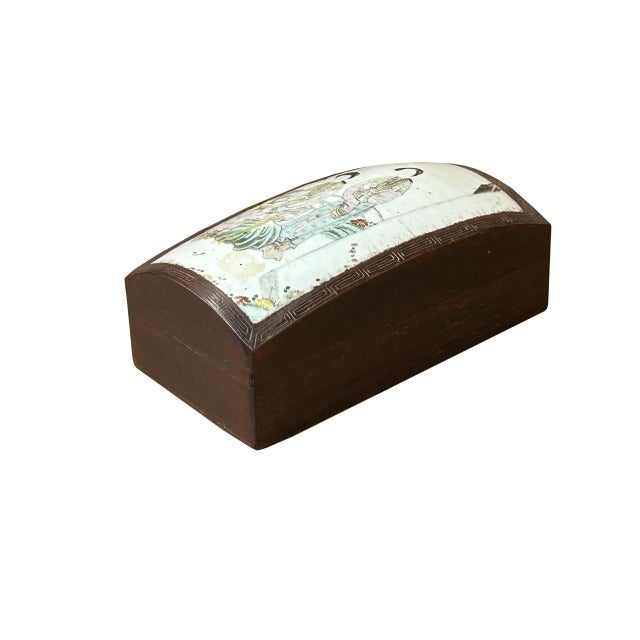 Chinese Old White Base Color People Graphic Porcelain Brown Wood Box ...