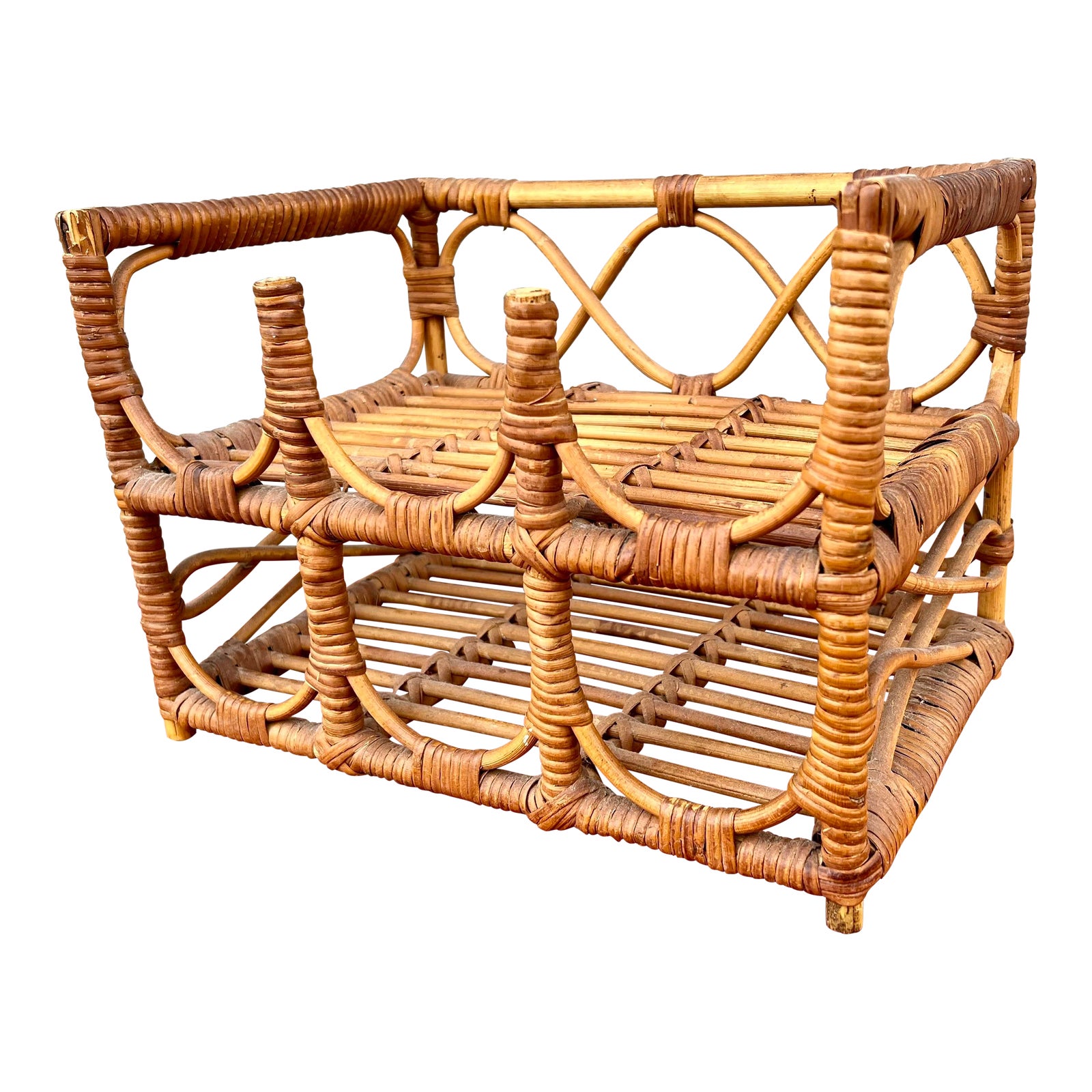 Vintage Natural Woven Bamboo Rattan 6 Bottle Wine Rack | Chairish