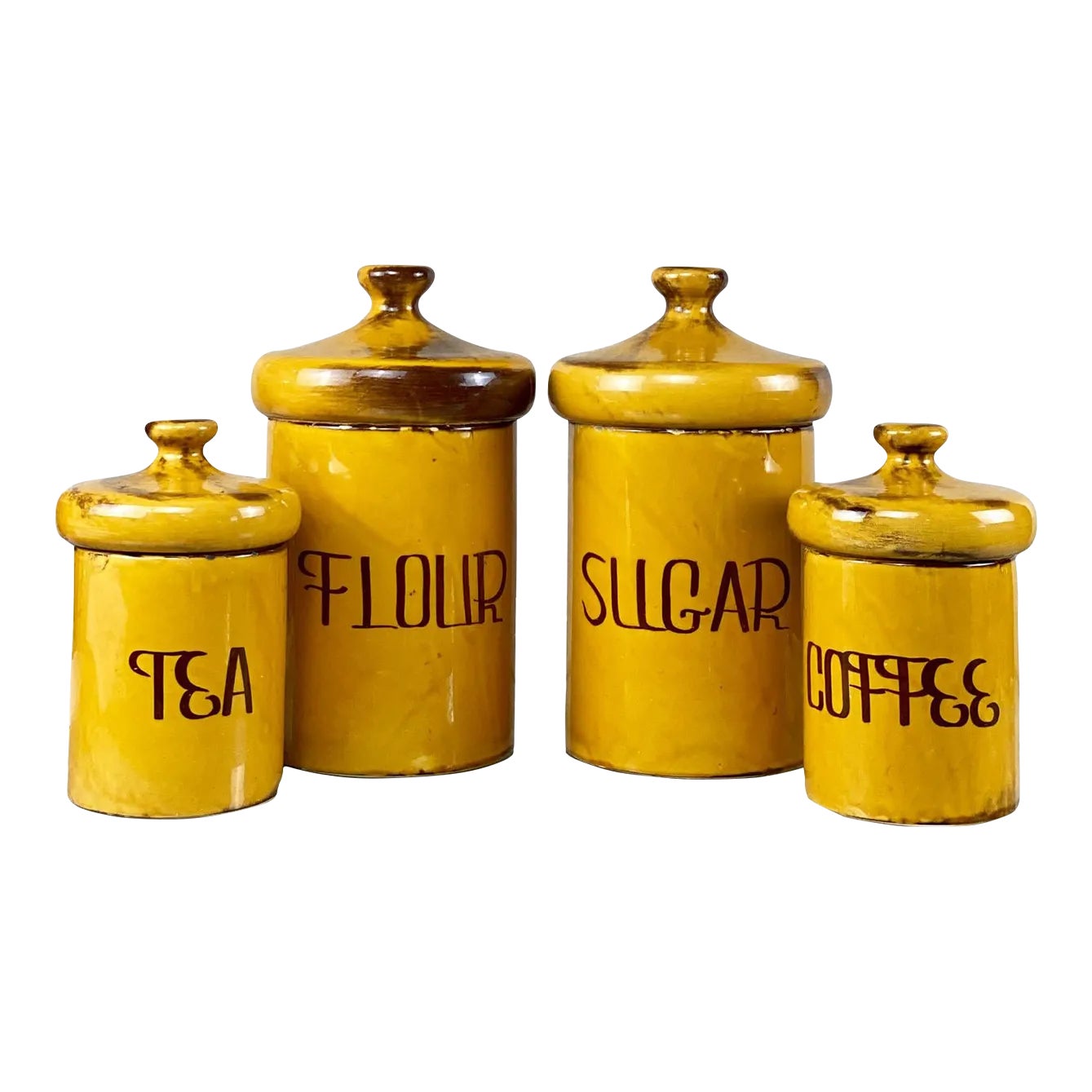Mid-Century Porcelain Mushroom Top Gold Yellow Kitchen Canisters - Set ...
