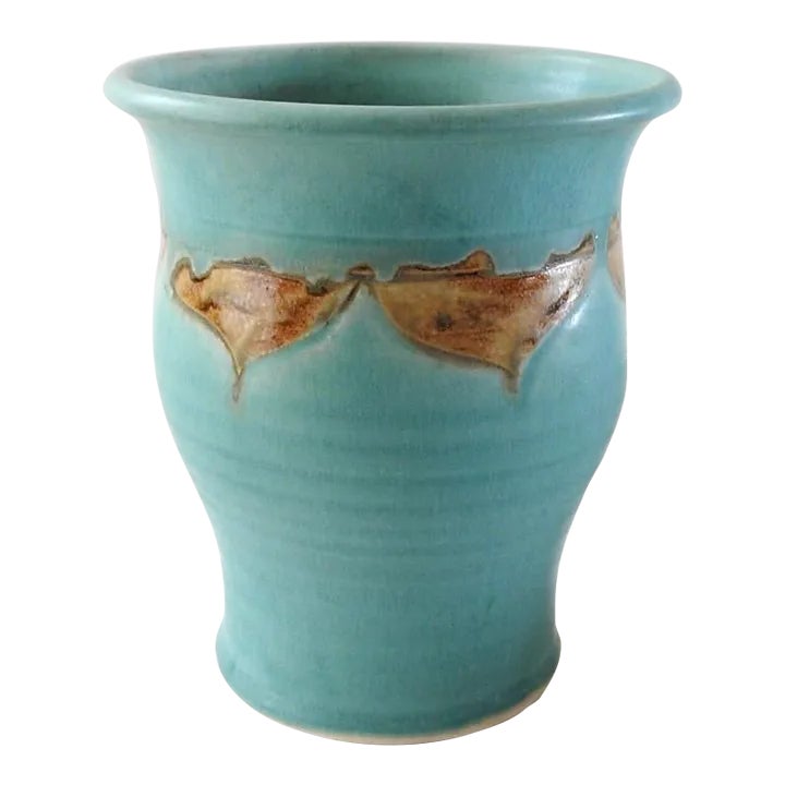 Mid Century Turquoise Blue Artisan Vase | Chairish