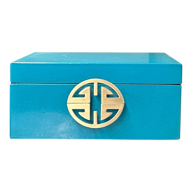 Large Oriental Round Hardware Turquoise Blue Rectangular Container Box ...
