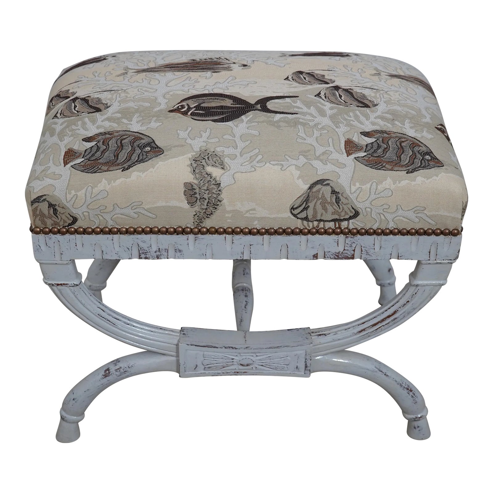 Decorative X Base Bench W. Tropical Fish Upholstery | Chairish