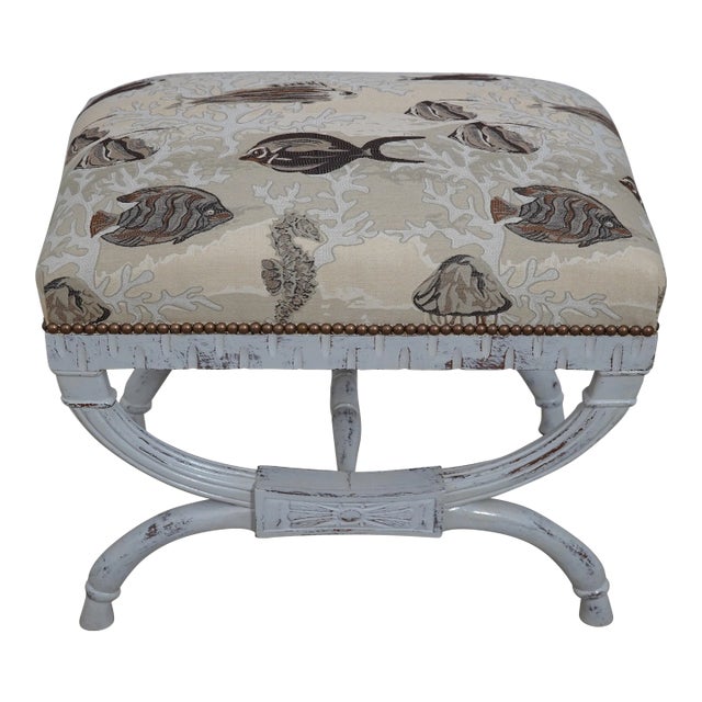 Decorative X Base Bench W. Tropical Fish Upholstery | Chairish