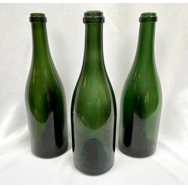 Antique French Hand Blown Green Glass Wine Bottles - Set of 3 | Chairish