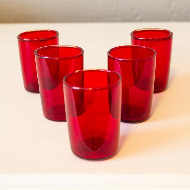 Vintage Red Handblown Shot Glasses- Set of 5 | Chairish