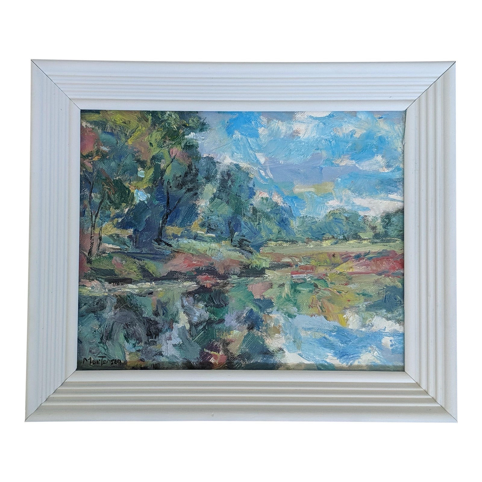 Original Impressionist Landscape Pond Reflection Oil Painting Framed ...