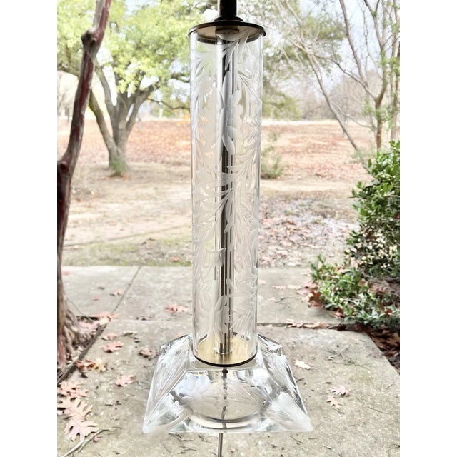 1940s Vintage Etched Cut Floral Flower Glass Cylinder Brass Table Lamp ...