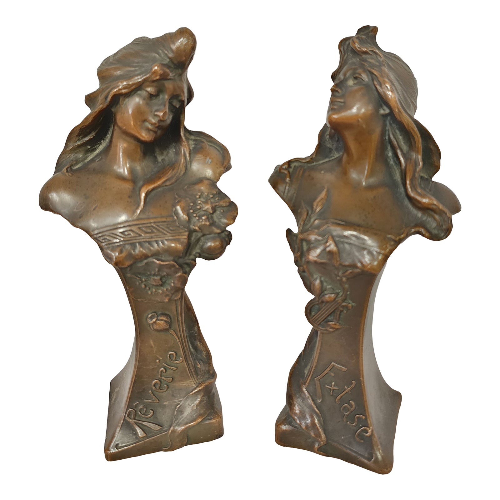 Antique French Art Nouveau Royal Zim Extase and Reverie Bronze Bookends - a Set | Chairish