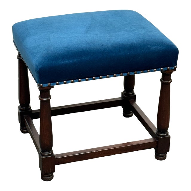 Custom Old World Blue Velvet Stool | Chairish