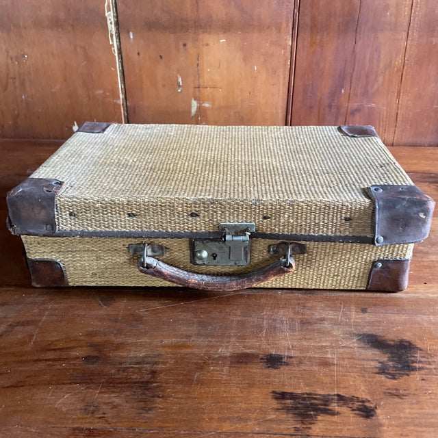 1900s Antique Edwardian Rattan Sisal Travel Suitcase with Leather ...