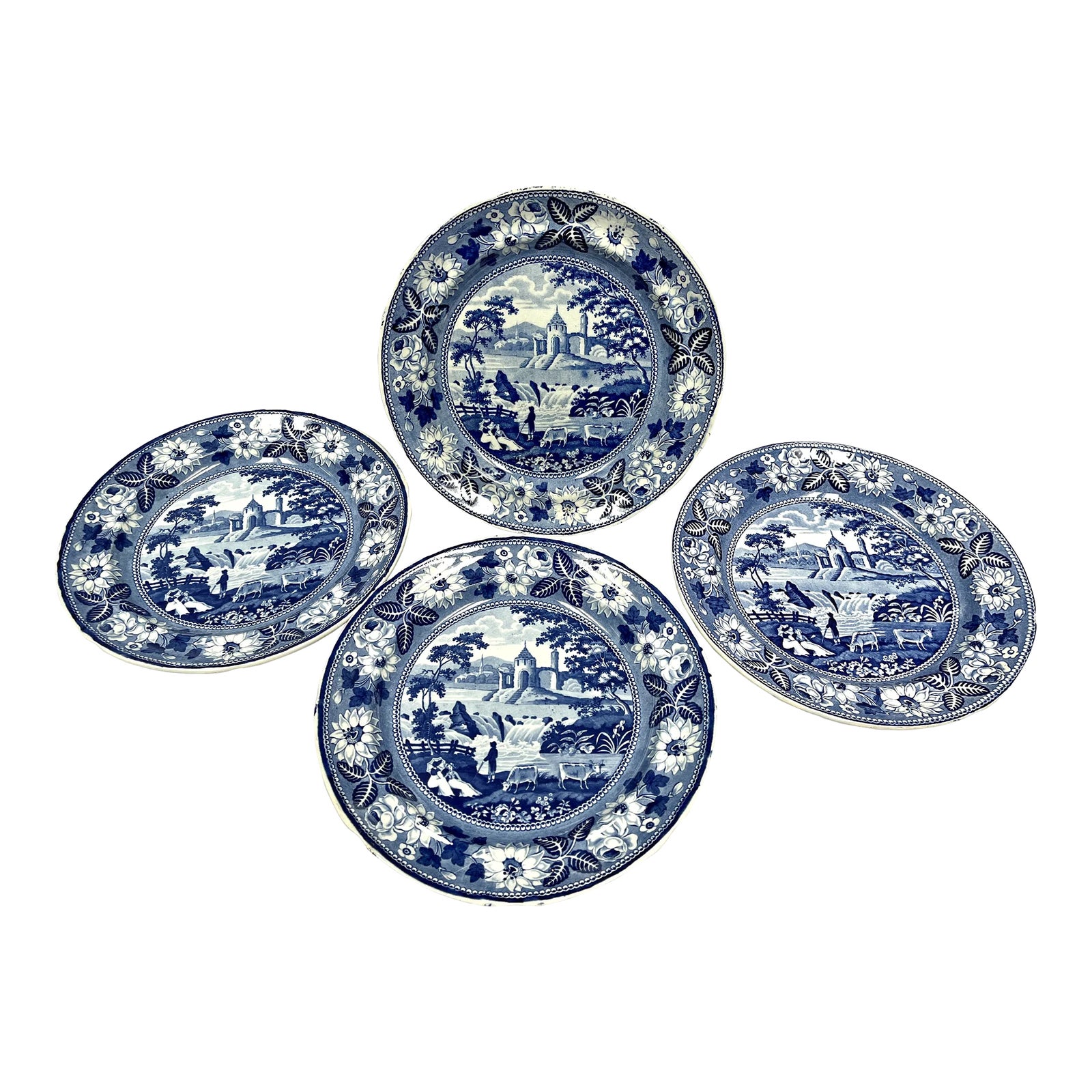 Early 1800s Staffordshire Blue Transferware Plates - Set of 4 | Chairish
