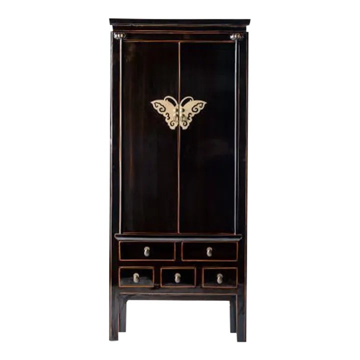 1980s' Asian Ming Style Black Lacquer Tall Cabinet | Chairish