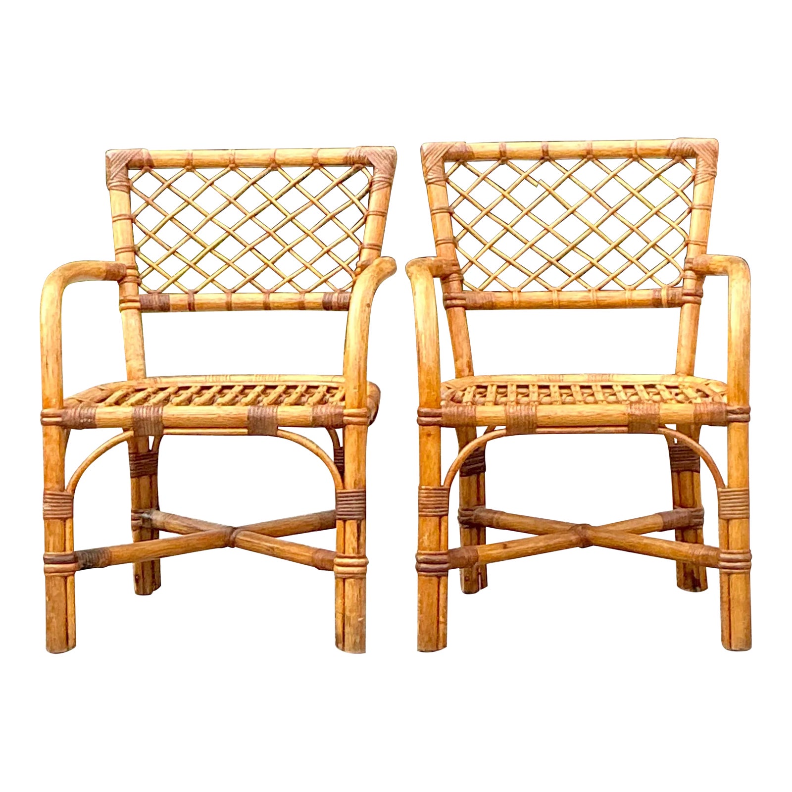 Vintage Coastal Trellis Rattan Arm Chairs - a Pair | Chairish