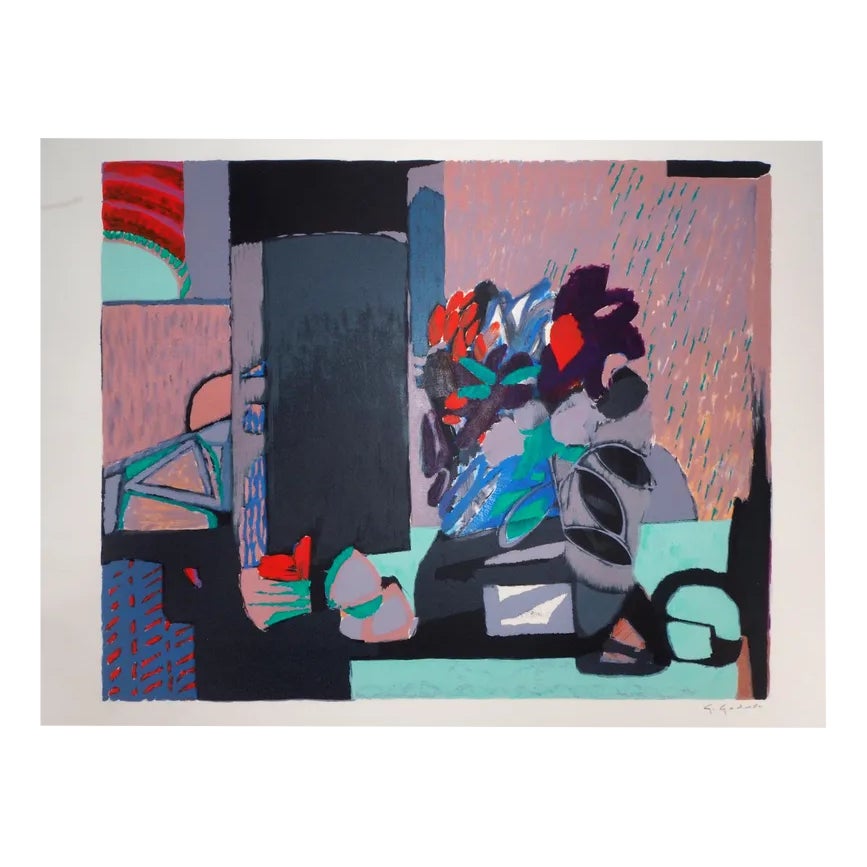 Gabriel Godard, Still Life with Multicolored Bouquet, Lithograph | Chairish