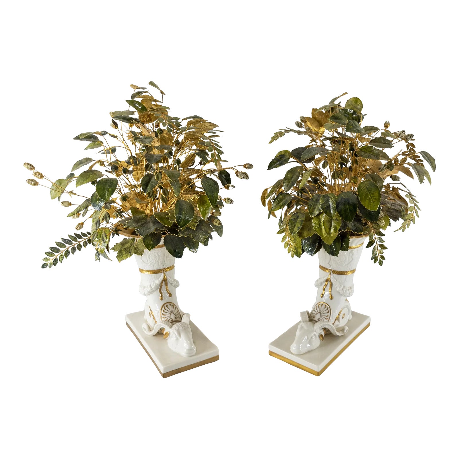 Pair of Italian Ceramic Ram's Head Cornucopia With Toleware Foliage ...