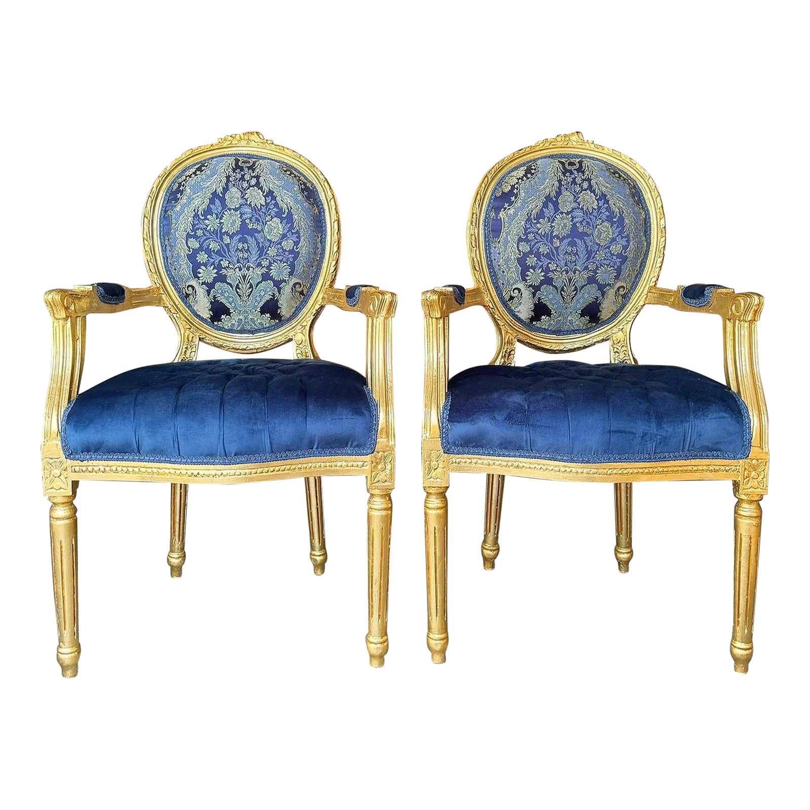 Tufted Chair Blue French Rococo Style - Set of 2 | Chairish