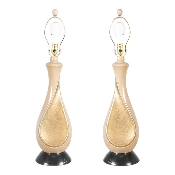Mid-Century Modern Ceramic White Gold Round Table Lamps - a Pair | Chairish