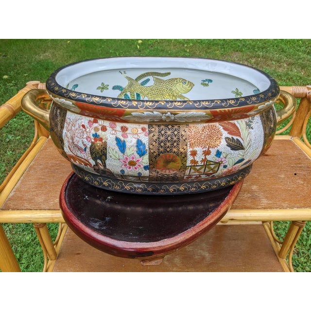 Fine Chinese Famille Noir Porcelain Foot Bath Jardiniere Cachepot W/Coy ...