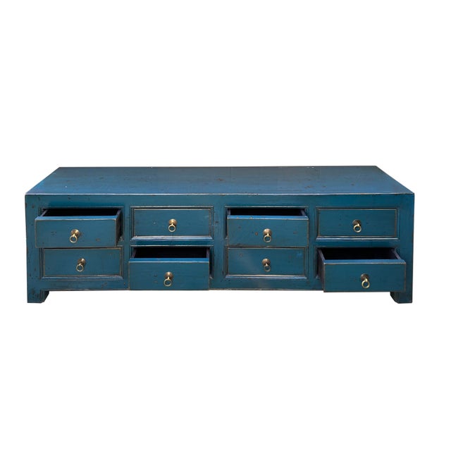 Distressed Teal Blue 8 Drawers Low Tv Stand Table Cabinet Credenza ...