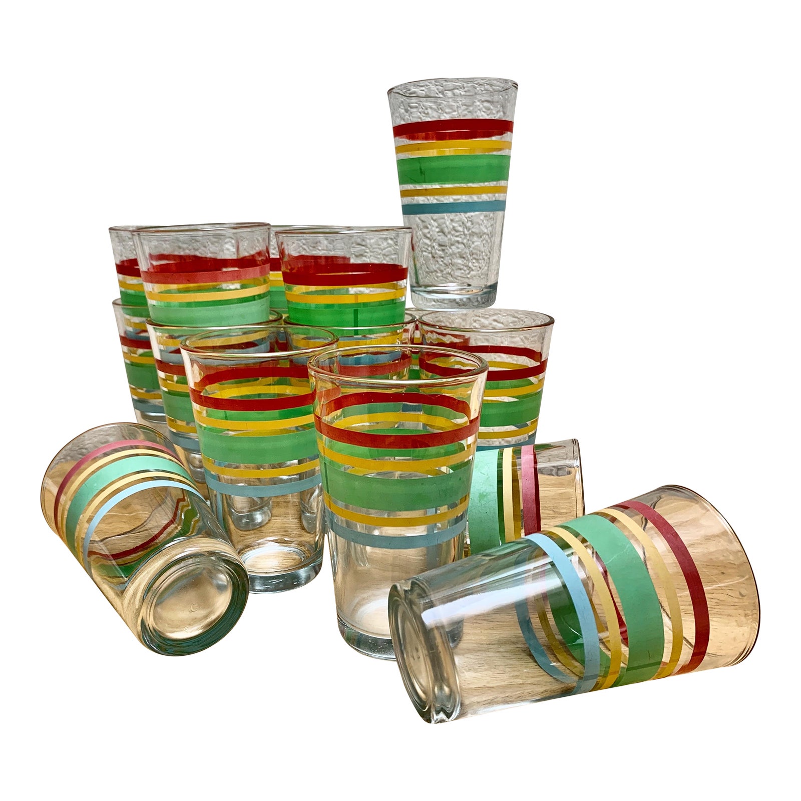 Vintage Multicolored Striped Tumbler Glasses, Set of Sixteen | Chairish