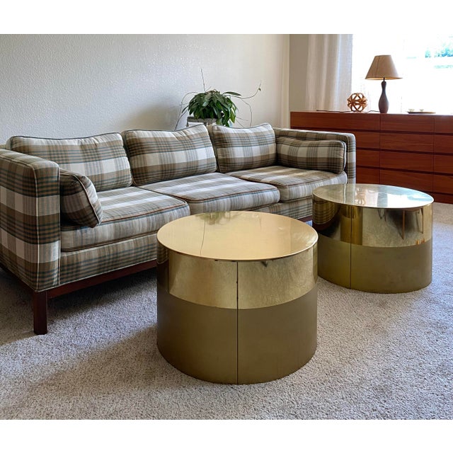Minimalist Modernist 1980s Brass Drum Tables, a Pair | Chairish