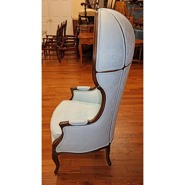 French Louis XV Style Blue Damask Fabric Hooded Porters Chair | Chairish