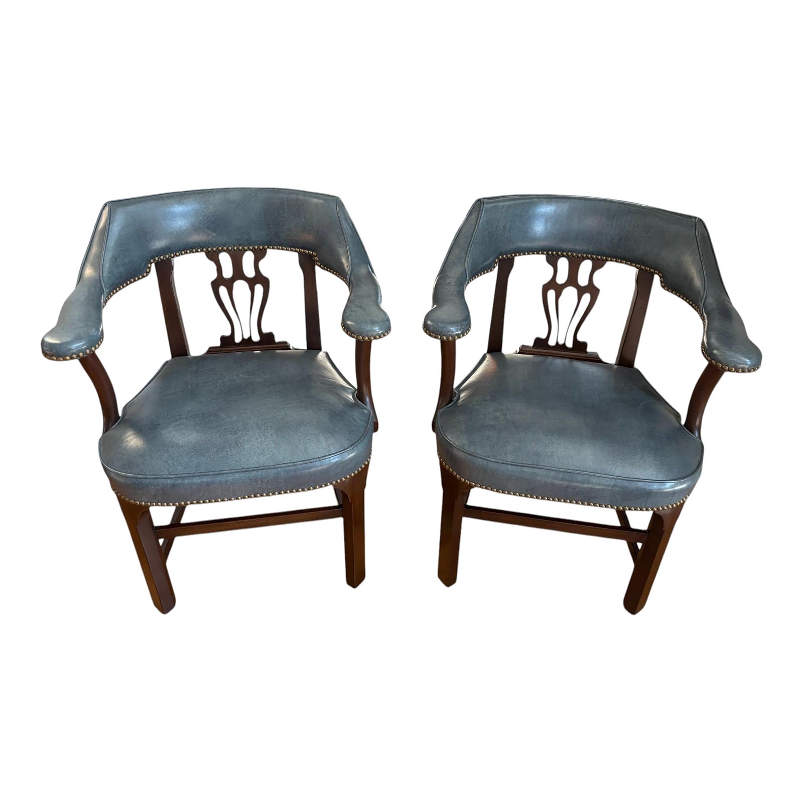 Late 20th Century Pair of Blue Leather Banker's Chairs Attributed to ...