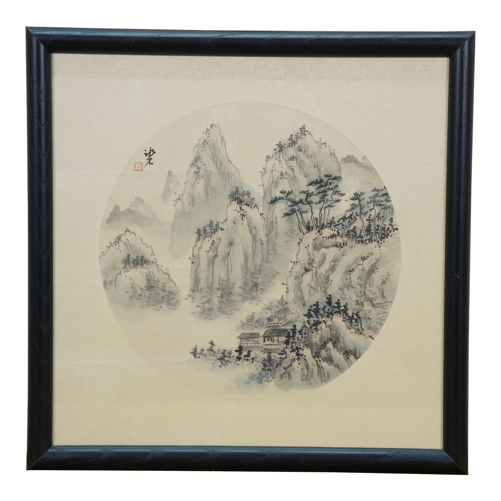 Vintage Round Chinese Shan Shui Mountain Water Landscape Painting on ...