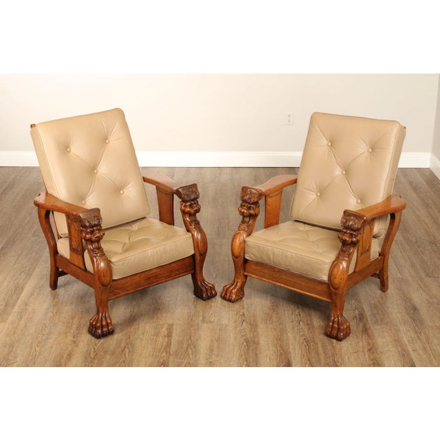 Renaissance Revival Antique Pair of Carved Oak Lion Head Reclining ...