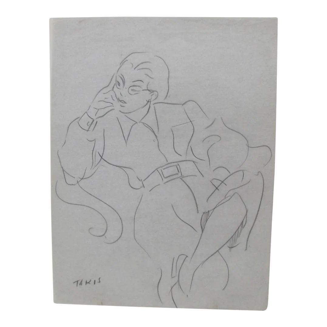 1950s Nickolas Takis Ink on Paper "Woman With Belt Reclining" Original ...