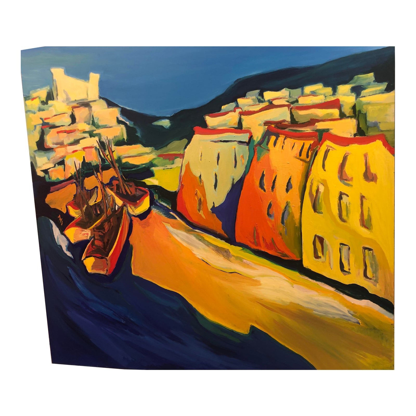 Fay Singer Original Oil Painting of Boats at a City Dock | Chairish