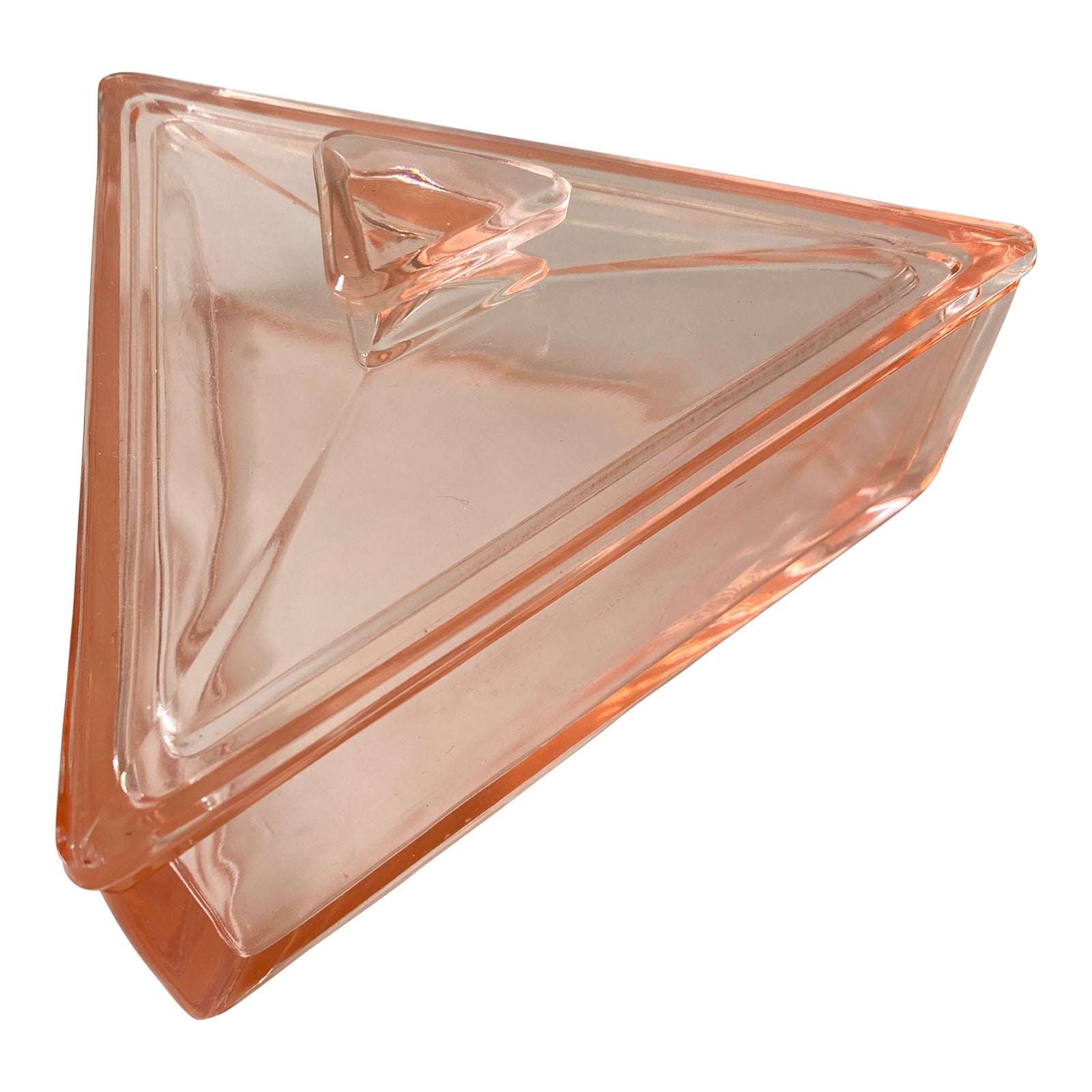 1940s Vintage Triangle Lidded Pink Depression Glass Container | Chairish