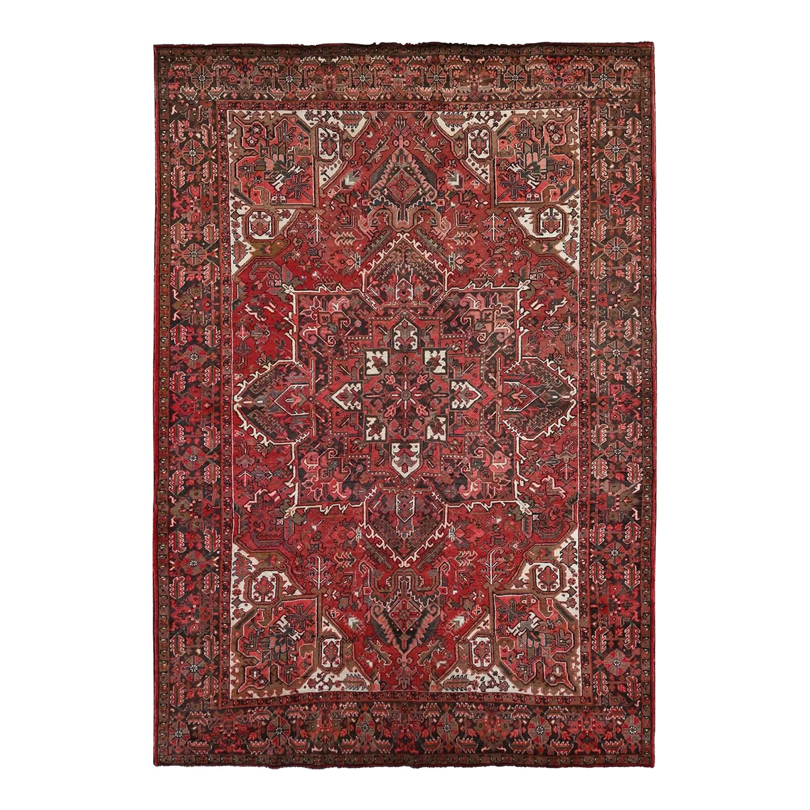 Cherry Red Vintage Persian Heriz Hand Knotted Pure Wool Oriental Rug ...