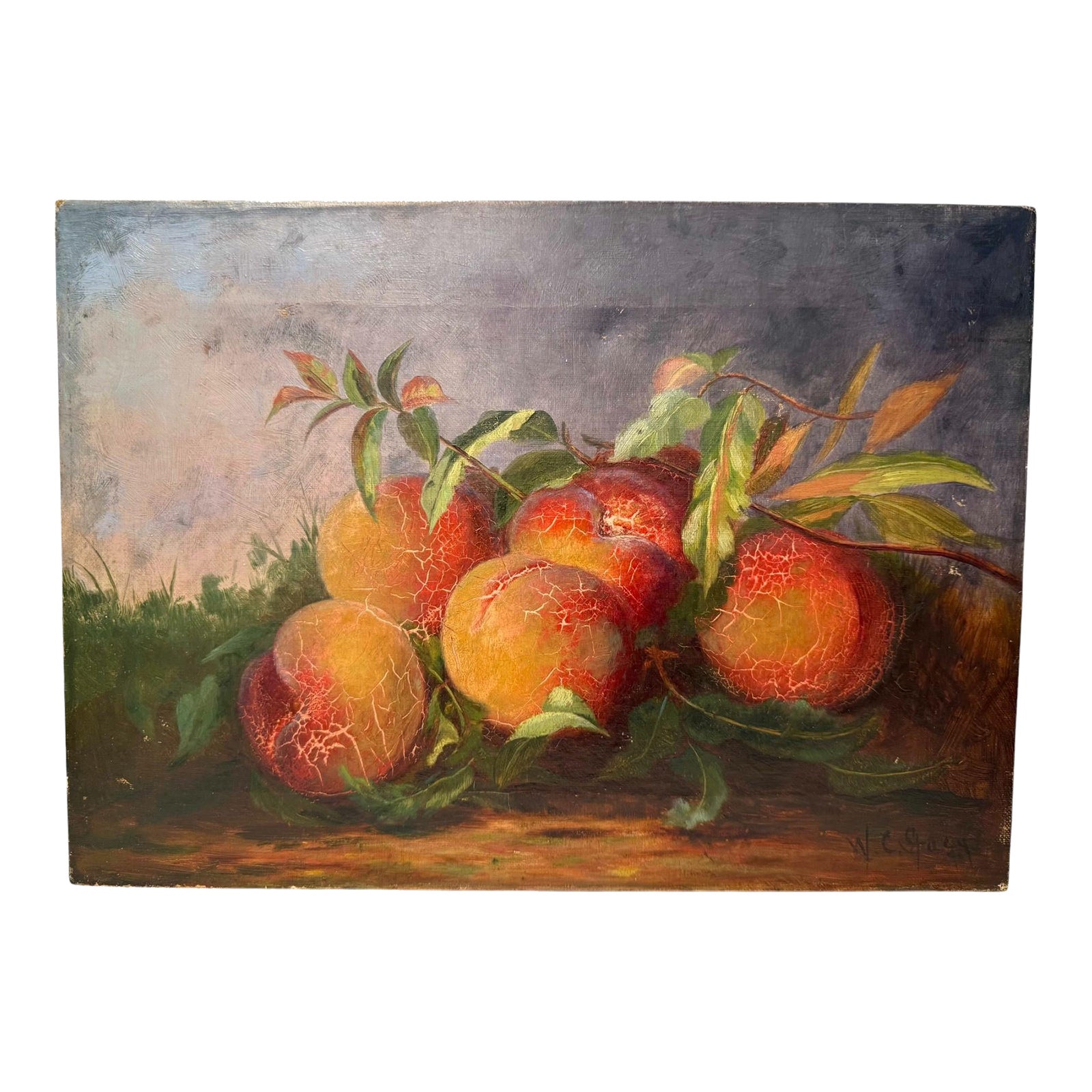 William Corning Stacy Still Life Peaches Oil on Canvas Painting | Chairish