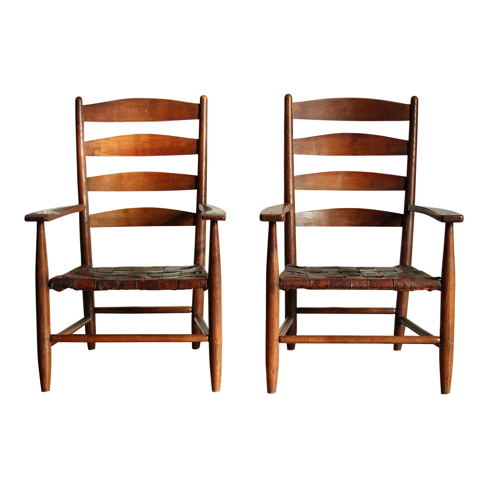 Gordon Russell Hand Built Ladder Back Oak & Woven Leather Lounge Chairs ...