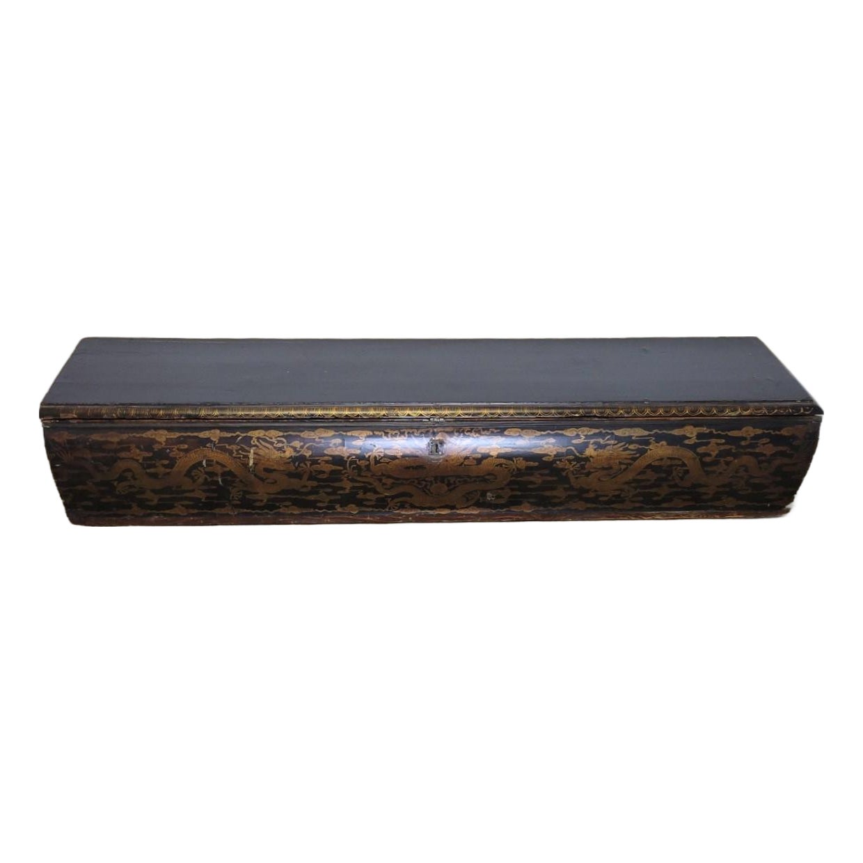 19th C Chinese Lacquered Gold Dragon Scroll Box, 4 Feet Long | Chairish