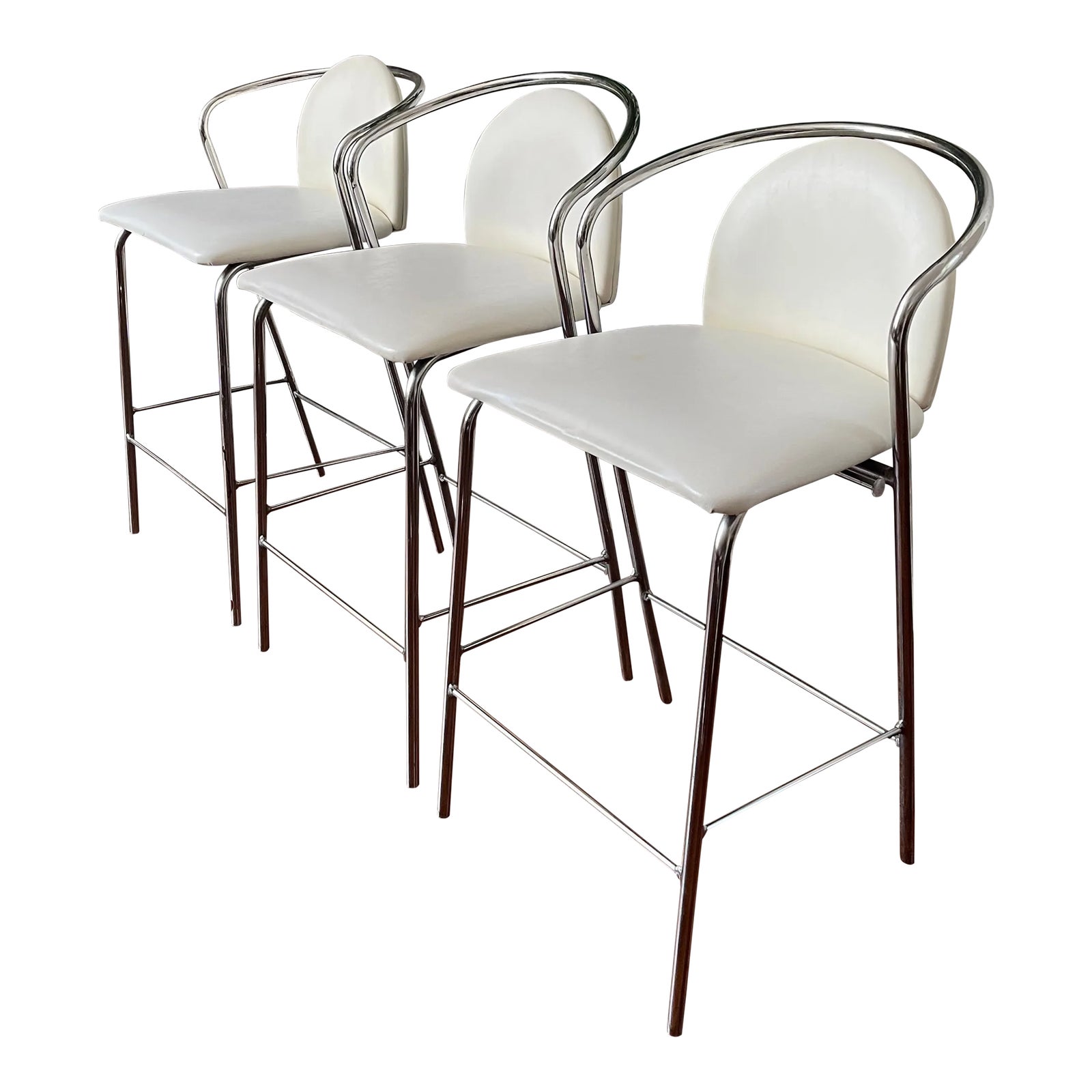 Chrome and White Faux Leather Cantilever Counter Stools by Thonet - Set ...