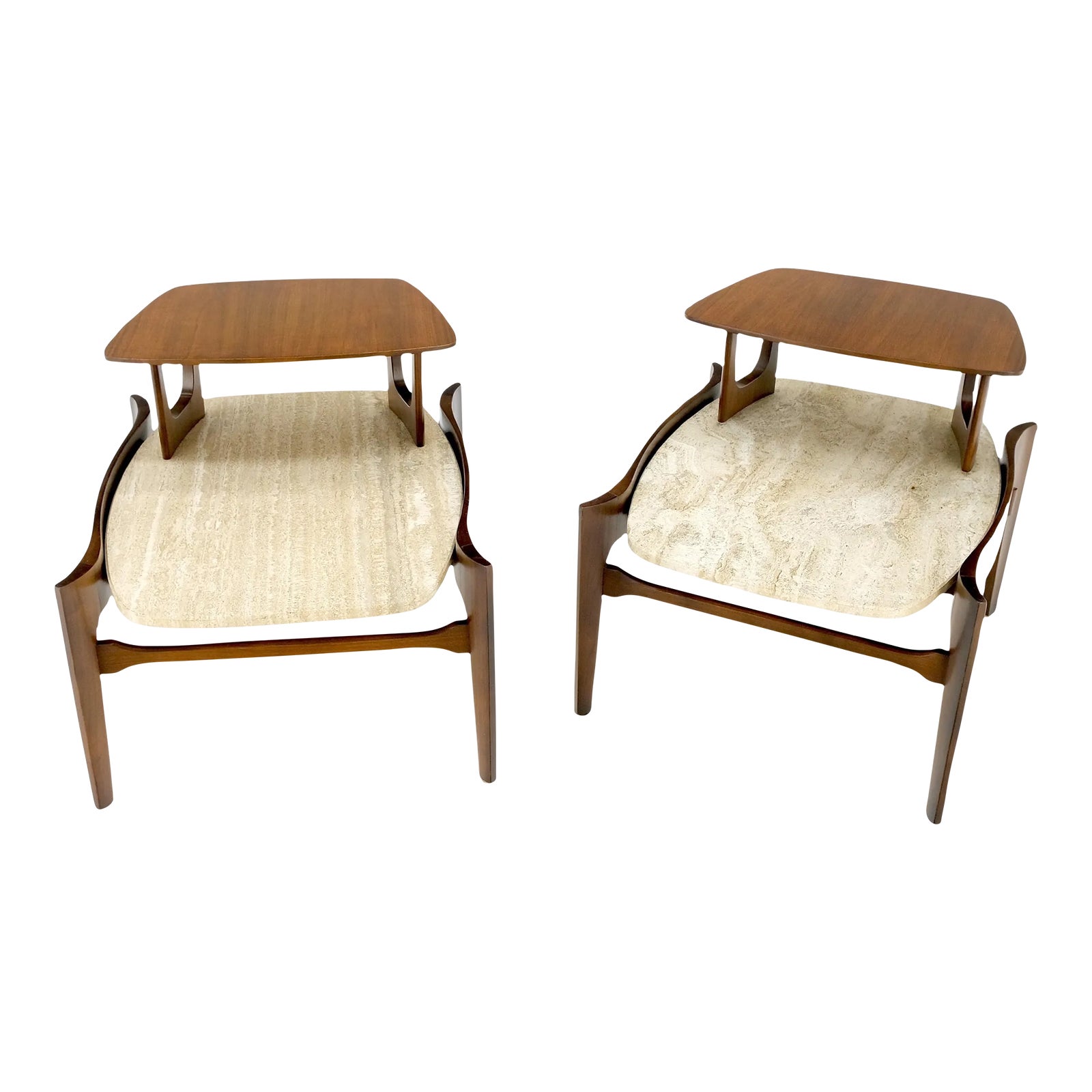Sculptural 1970s Walnut Travertine Tops Step Side End Tables Singer ...