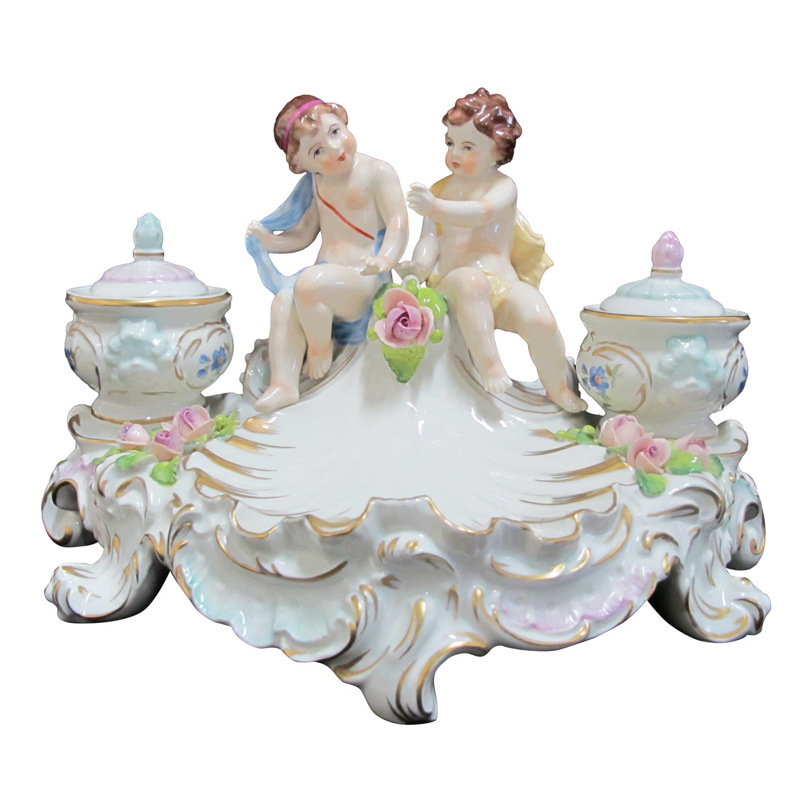 Ssitzendorf Porcelain Cherub Putti Figural Inkwell Centerpiece Figurine & Inserts | Chairish
