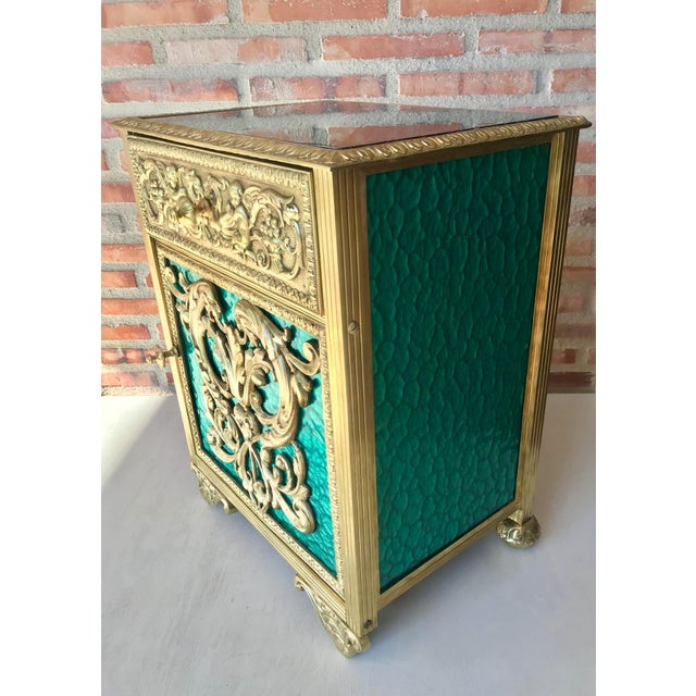Late 19th Century Louis XVI Pair of Bronze Vitrine Nightstands with Green Glass Doors and Drawer ...