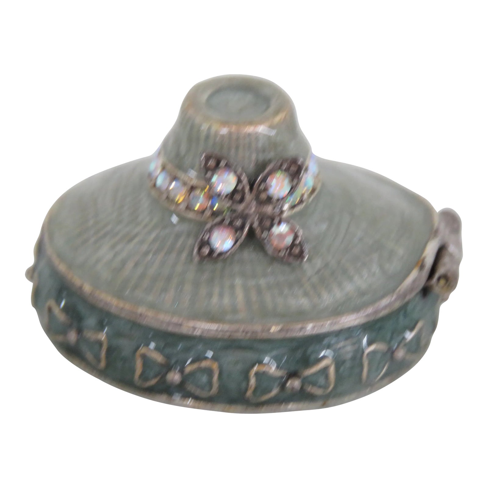 Monet Enamel Green Rhinestones Hat Shaped Small Ring Pill Box | Chairish