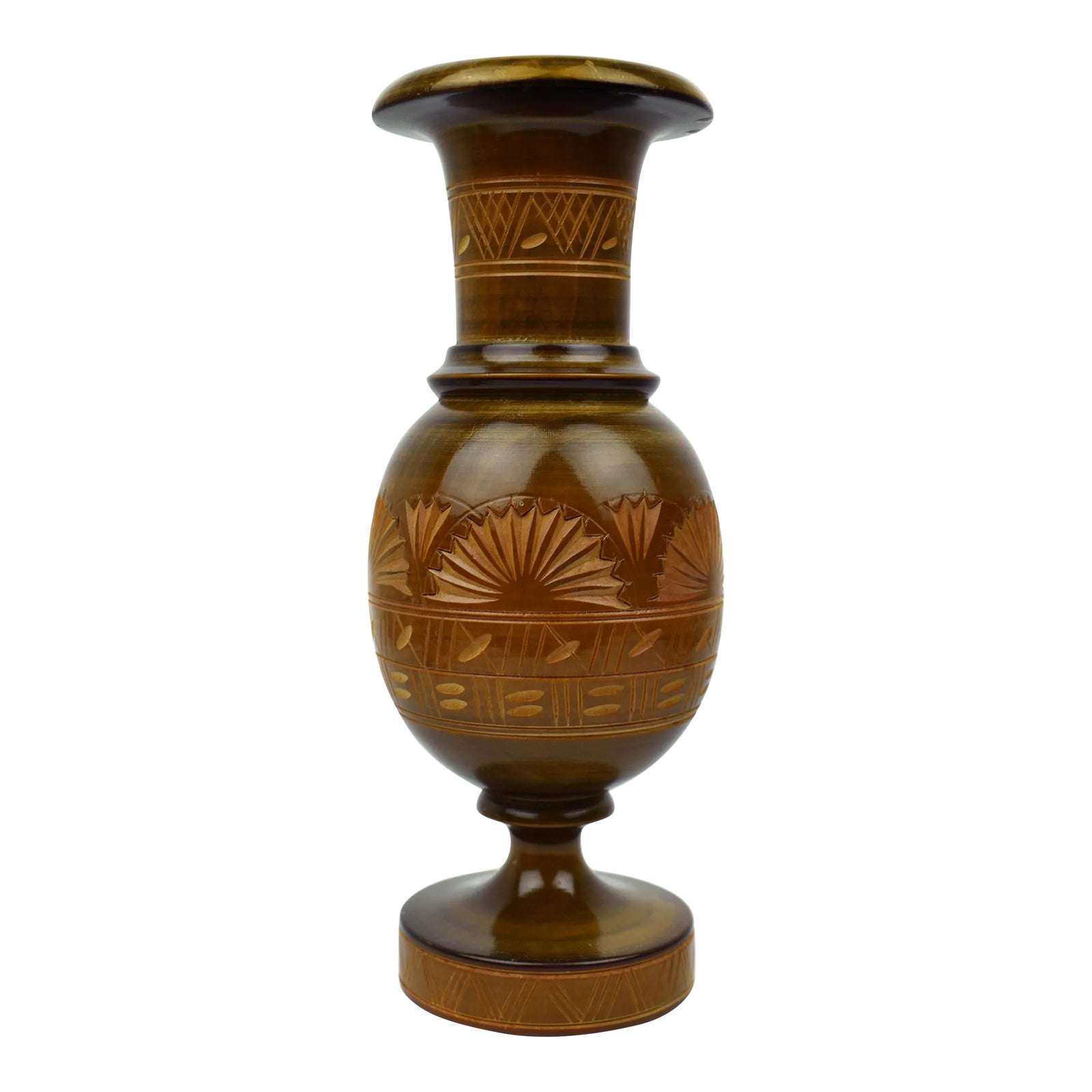 Late 20th Century Handmade Wood Turned Carved Floral Design Vase Made ...