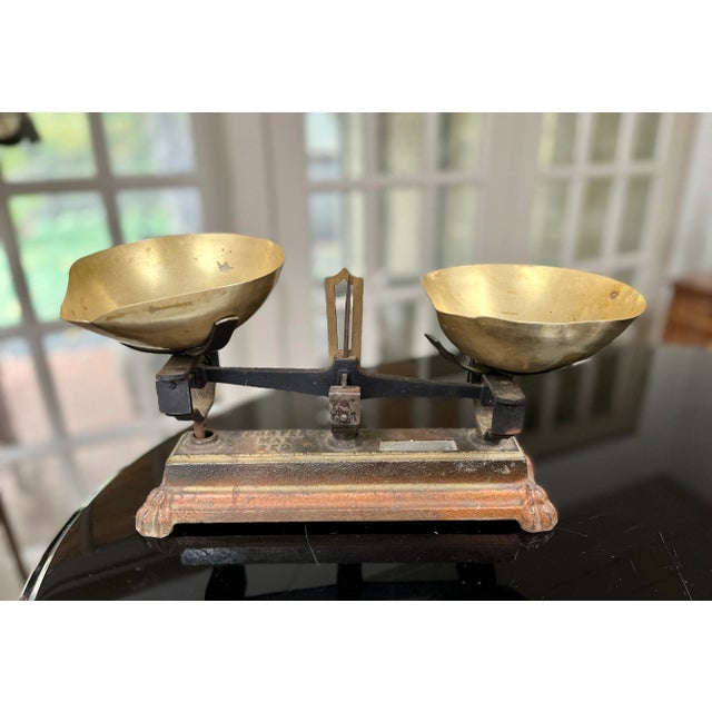 Antique French Cast Iron 2kg Balance Scale W/Brass Scoops | Chairish