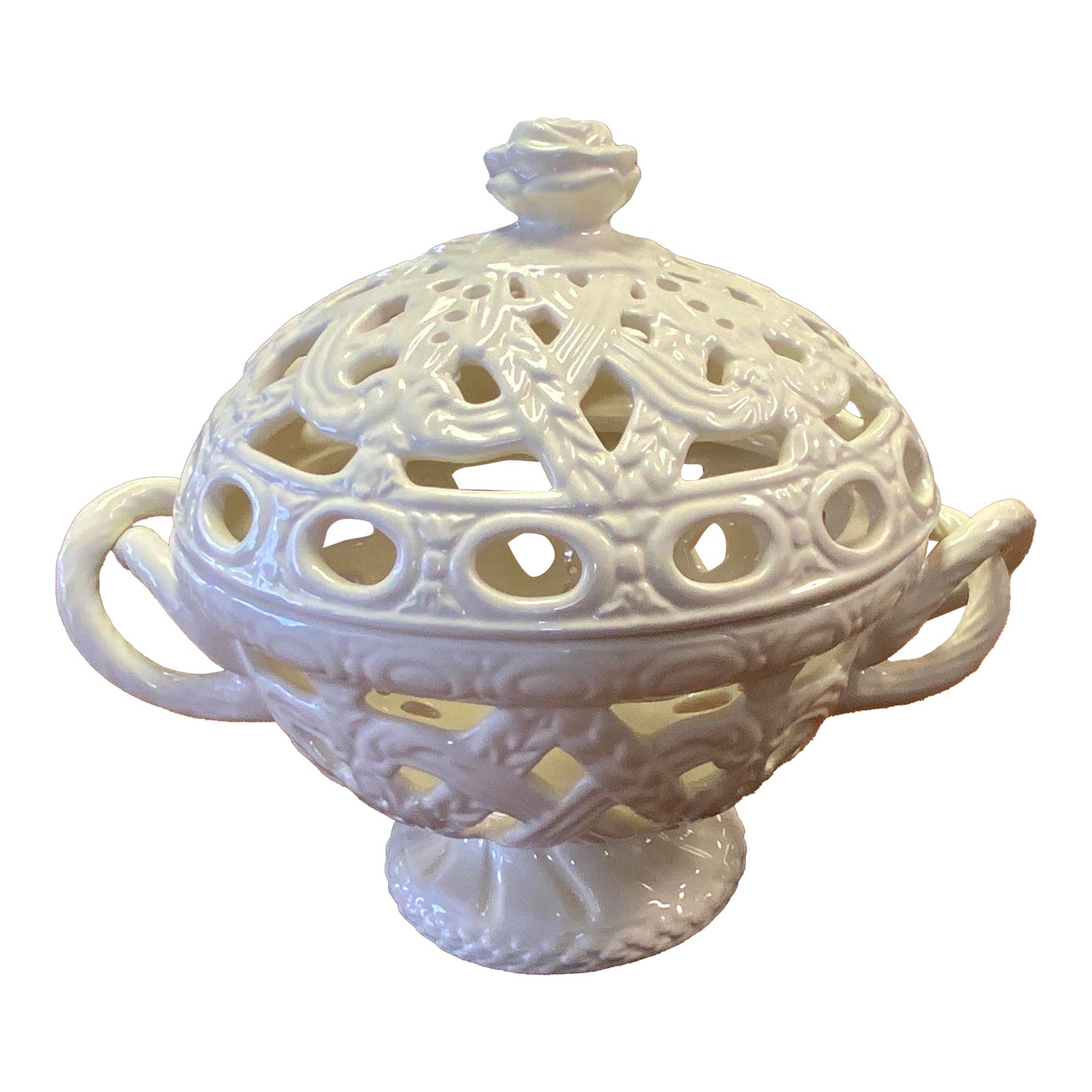 20th Century Creamware Pottery Reticulated Covered Bowl | Chairish