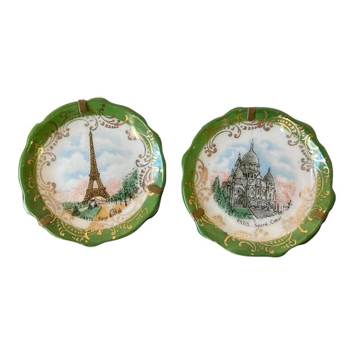 Vintage French Green Limoges Porcelain Parisian Dishes- Set of 2 | Chairish