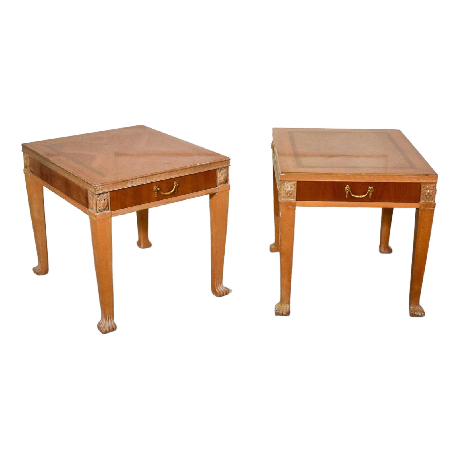 Neoclassical Greek Key Lion Side Tables - A Pair | Chairish